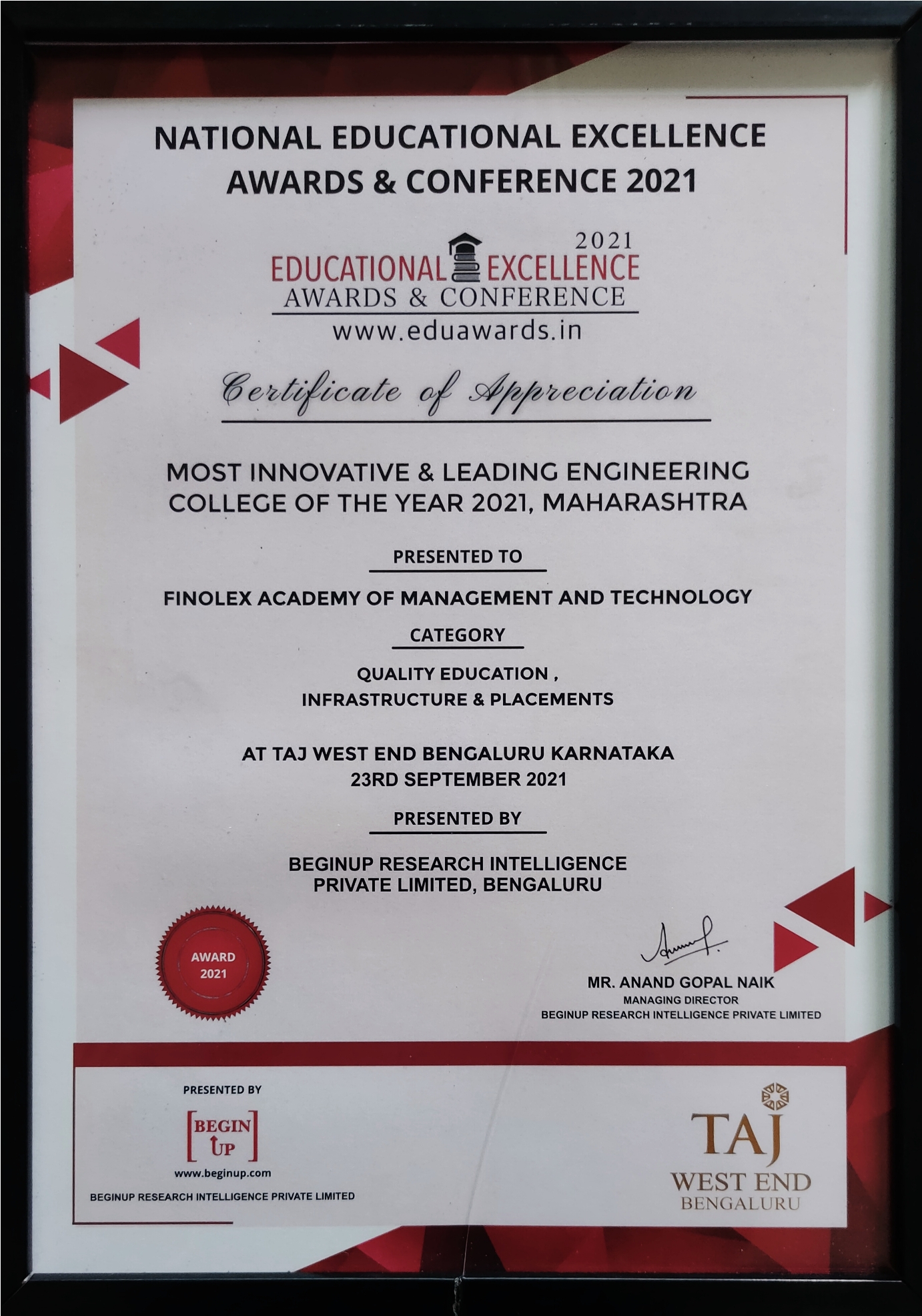 Most Innovative and Leading Engineering College of the Year 2021 – FAMT